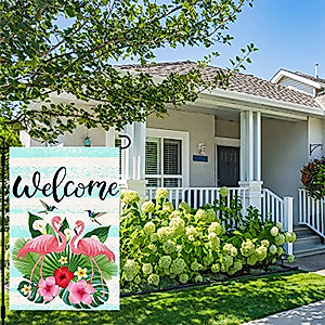 QWETRY Flamingo Welcome Summer Garden Flag Double Sided 12.5x18 Inch Bluebird Summer Yard Flag for Outside Outdoor Décor, Premium Burlap Vertical Small Rustic Flags for Farmhouse Lawn Flags