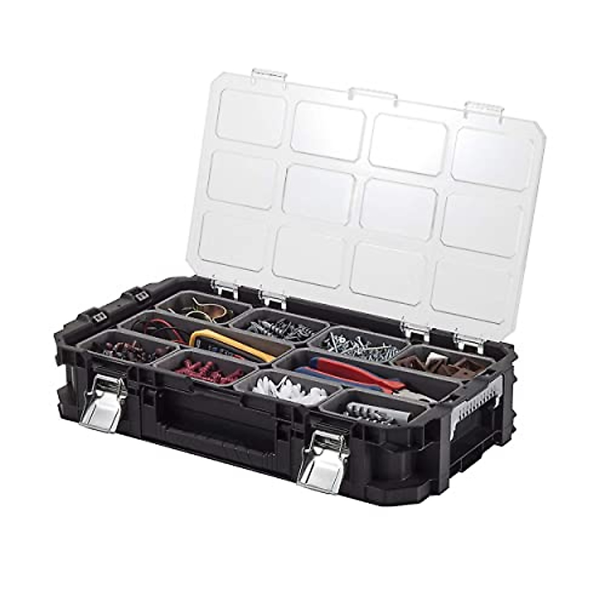 Keter Mobile Hawk Cart and Stackable Tool Box System and Organizer with Telescopic Comfort Grip Handle - Perfect Organization and Storage Chest for Power Drill, Tape Measure, and Small Parts