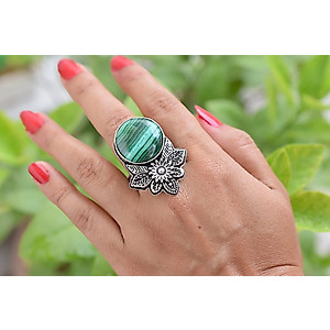 Rekha Gems Malachite Ring-925 Sterling Silver Ring-Vintage Ring-Handmade Ring-Birthday Gift-Green Gemstone Ring-Boho and Hippie Ring-Birthstone Ring-Malachite Jewelry- RMK13 (4.50 US)