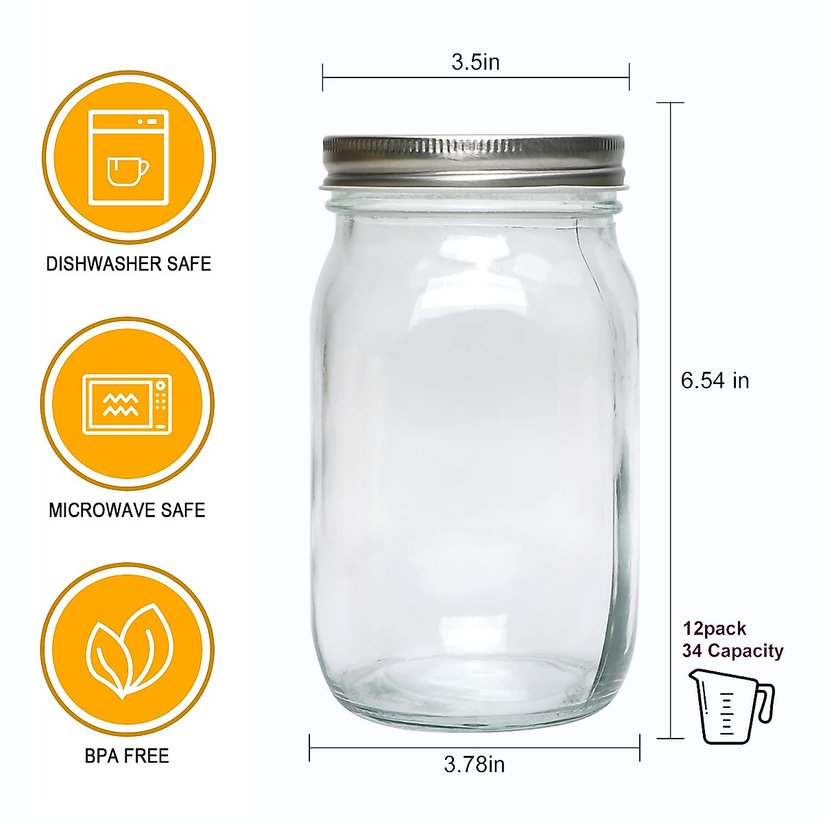 Accguan 33oz Glass Jars with Regular Lids, Mason Jar With Airtight Lids, Clear Glass Jar Ideal for Jam,Honey,Shower Favors,Wedding Favors, 12pack