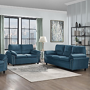 ERYE 2 Pieces Cushions Sectional Include 3 Seater Loveseat,Pillow-Top Armrest Velvet Upholstered Tufted Sofa & Couch W/Nailhead Decor for Home Office Apartment Living Room Furniture Sets, Blue 83.46"W