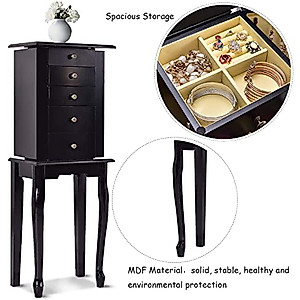 HOMGX (Black, Jewelry Cabinet with Mirror, Armoire Box Storage Chest, Stand Organizer with 5 Drawers & 8 Necklace Hooks