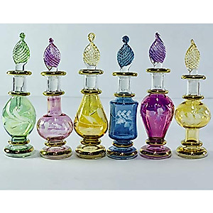 Egyptian Perfume Bottles, Mouth Blown Glass Genie bottles potion Perfume Bottles Wholesale Set of 6 Miniature bottles Size 2" (5 cm) with handmade Gold decorative bottle for essential& perfume oils by Egyptian Hand Blown Glass