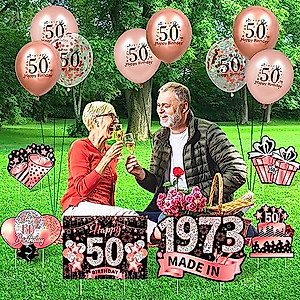 Rose Gold 50th Birthday Decorations for Women 6Pcs 50th Birthday Yard Signs Made in 1973 Lawn Sign & 18Pcs Rose Gold 50th Birthday Balloons for 50 Years Old Party Anniversary Outdoor Decor Supplies