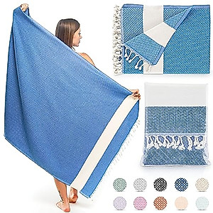 Turkish Beach Towel 100% Cotton Peshtemal Travel Camping Bath Sauna Beach Gym Pool Blanket Gift Quick Dry Sand Free Beach Towel - Blue