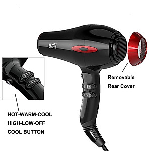BERTA 1875W Professional Salon Hair Dryer Negative Ionic Blow Dryer, 2 Speed 3 Heat Settings Cool Button with AC Motor, Concentrator Nozzle & Diffuser