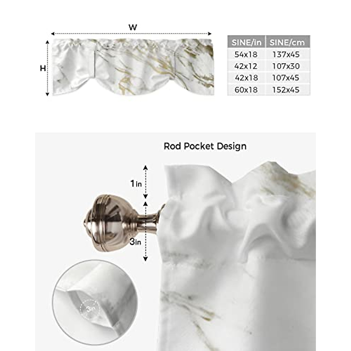 Tie Up Valance for Kitchen Windows,Abstract White Marble Gold Inlay Adjustable Valances Rod Pocket Short Curtain,Modern Simple Geometric Tie Up Curtains Valance for Bedroom Bathroom 42x12in