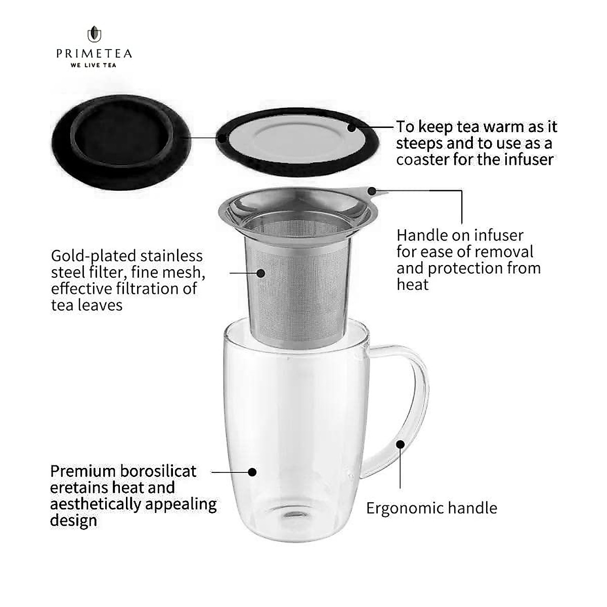 Prime Tea - Glass Teacup with Tea Infuser, 16oz / 470 ml, Hand Blown, Single Wall, Heat Resistance Borosilicate Glass Teacups for Blooming Tea & Loose Leaf Tea, Microwave & Dishwasher Safe (Black)