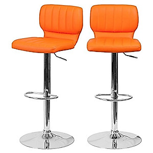 KLS Modern Barstools Adjustable Hydraulic 360 Degree Swivel Stable Steel Frame Padded Vinyl Cushion Low Back Seat Design Dining Chair Pub Stool - Set of 2 Orange # 1969