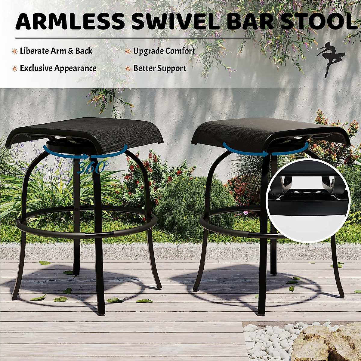 Outdoor Backless Swivel Bar Stools Set of 2, Patio Stools & Bar Chairs, Outside High Top Barstools, Breathable Textilene Fabric for Yard, Deck Porch, Balcony - Armless - Pure Black