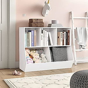 Iwell Toy Storage Cabinet with 3 Drawers, Kids Bookshelf, Kids Toy Organizer, 8 Cubicles, Bookcase Footboard, Bookshelf for Kids, for Playroom, Bedroom, Nursery, School, White