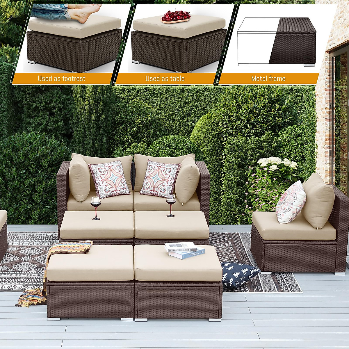 BULEXYARD High Back Brown PE Rattan Outdoor Patio Furniture Set with Propane Fire Pit Table, Large Wicker Outside Sectional Furniture Sofa Conversation Sets for Backyard(Beige, 9Pcs-B)