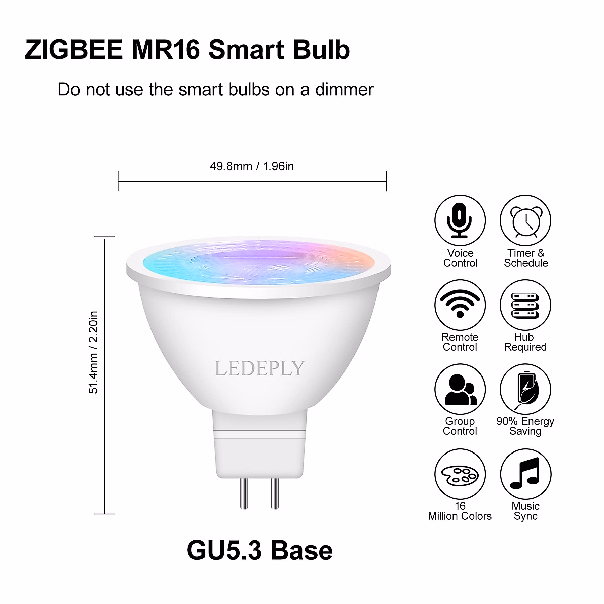LEDEPLY Zigbee MR16 Smart Bulbs, Compatible with hu*e*, Alexa, Google & ConBee (Hub Required), 5W, GU5.3 LED WiFi Bulb, 5W(50W), Dimmable LED AC/DC 12V, Color Changing &Tunable White, 2 Pack