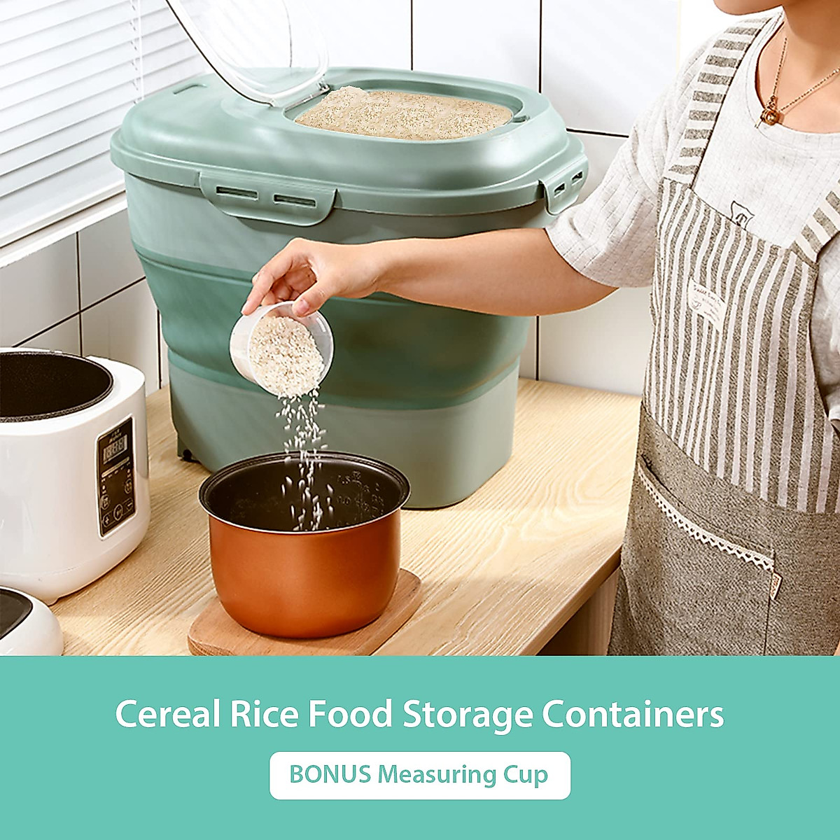 Letingoo Rice Storage Container, Foldable Airtight Food Storage Containers with Measuring Cup & Wheels, Dry Food Flour Sugar Storage Container (Green)