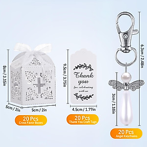 Outus 60 Pcs Baptism Party Favors for Guest Boy Girl Baby Shower Favors Bulk 20 Angel Pendant Keychains Decoration 20 Thank You Tags 20 Cross Shape Boxes for First Communion Holy Return Gifts(White)
