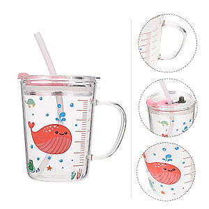 VOSAREA Decor 350ml Cartoon Glass Milk with Straw and Scale Whale Water Glass Mug Animal s Coffee Tea Juice Beverage Containers Cup
