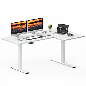 SANODESK 71-Inch Large Dual Motor L-Shaped Electric Height Adjustable Standing Desk - Reversible Panel - White Top/White Frame - Ideal for Gaming, Home Office or Computer Workstation