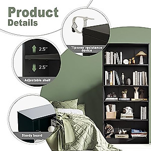 VICLLAX 5-Shelf Wood Bookcase, Wide Adjustable Open Bookshelf, Tall Display Storage Shelf for Living Room, Bedroom, Kids Room, Office, Black