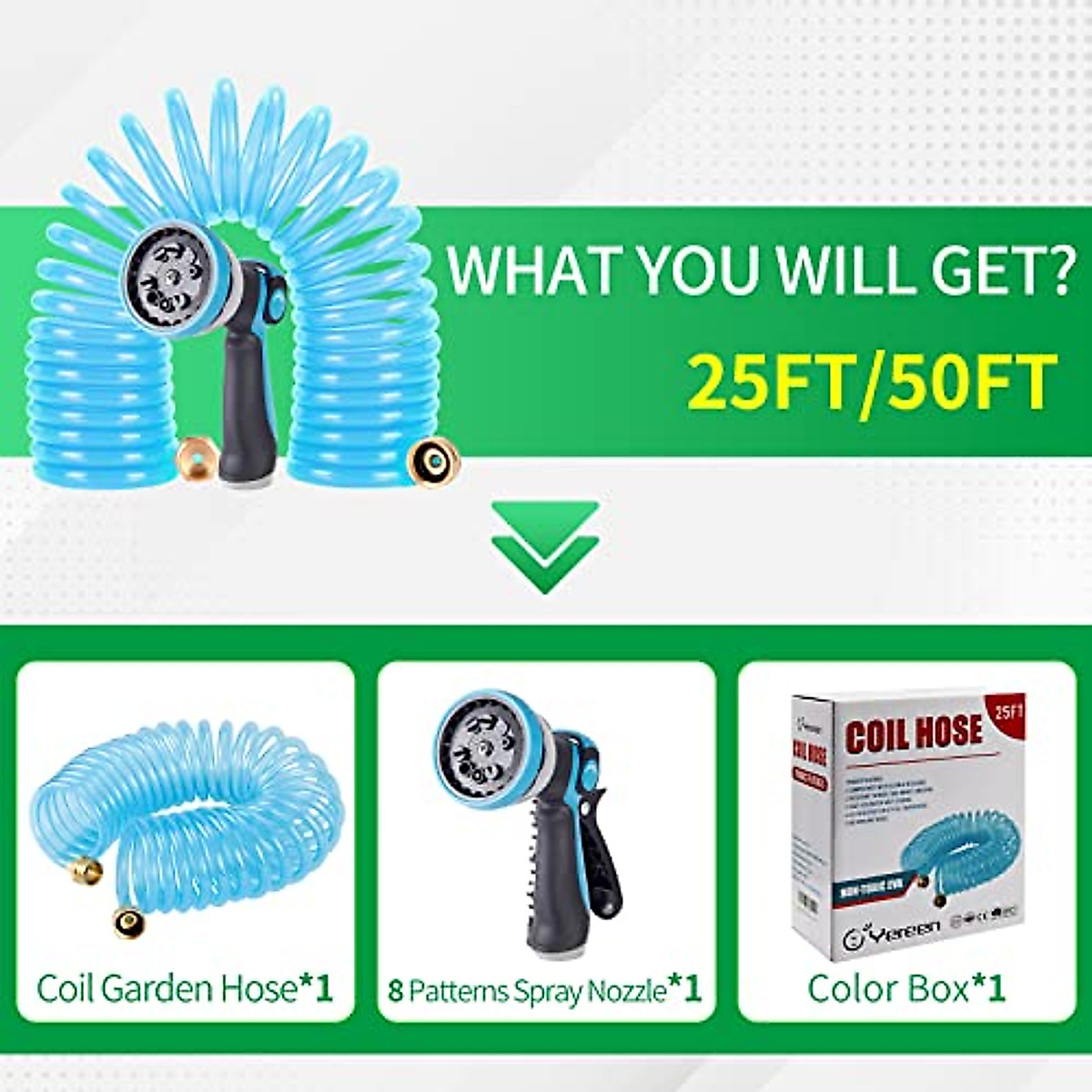 Yereen Coil Garden Hose 25FT, EVA Recoil Garden Hose, Transparent Self-coiling Water Hose with 3/4" Brass Connector Fittings with 10 Function Spray Nozzle, Blue