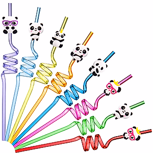 24 Pieces Panda Drinking Straws Reusable Panda Theme Straws Plastic Panda Drinking Straws for Birthday Party Bar Wedding Party Favors Supplies