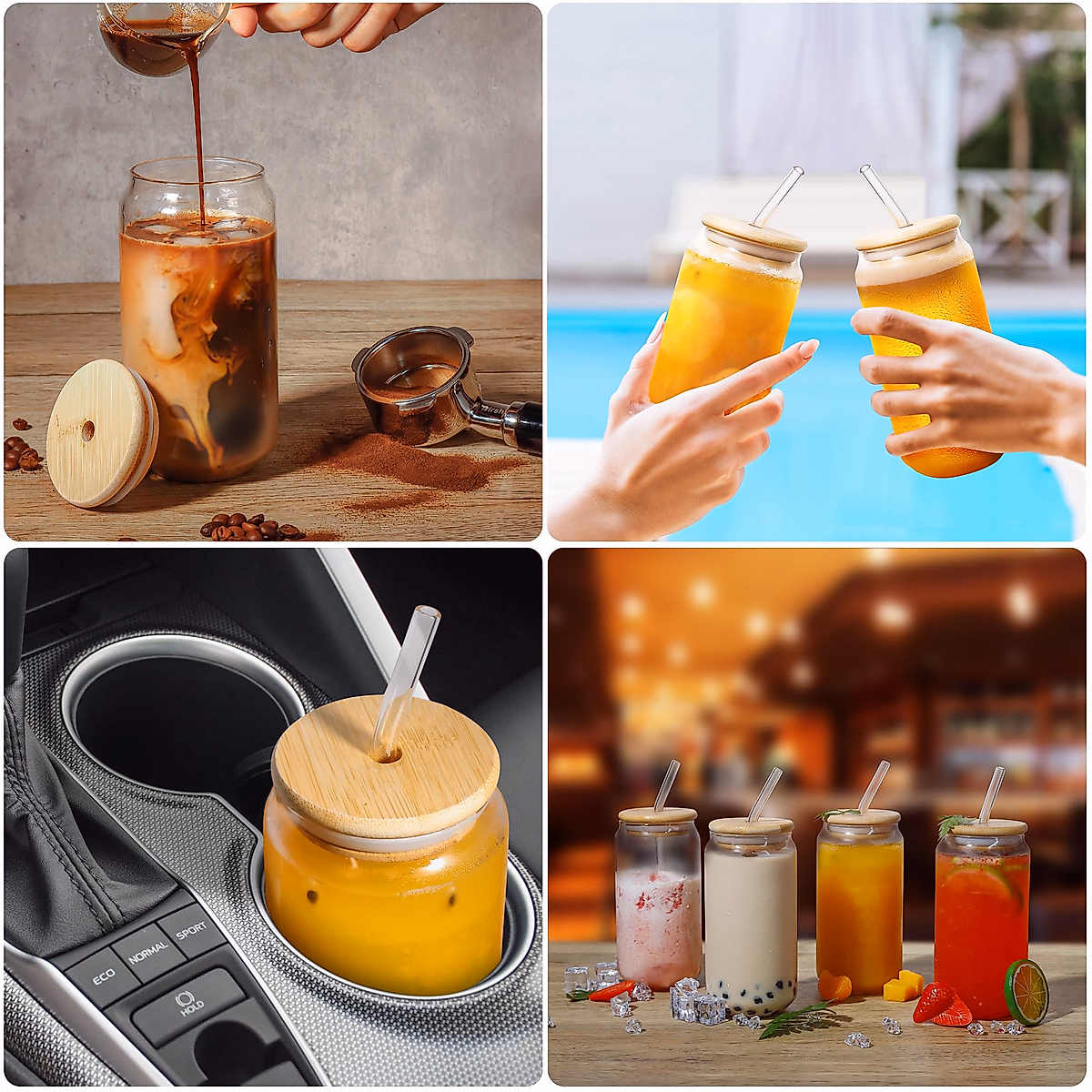 wirsh Drinking Glasses, 4pcs 18oz Can Shaped Glass Cups with Bamboo Lids and Glass Straw,Cute Tumbler Cups for Iced Coffee, Beer, Tea, Coffee Bar Accessories, Giftable