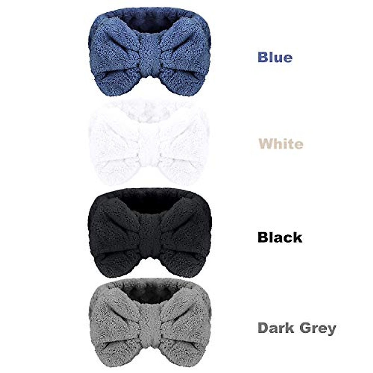 Senkary 4 Pack Bow Makeup Headband Microfiber Spa Headbands Towel Headband Soft Puffy Washing Face Headband for Women Girls Shower Bath Skincare (White, Blue, Black, Dark Grey)
