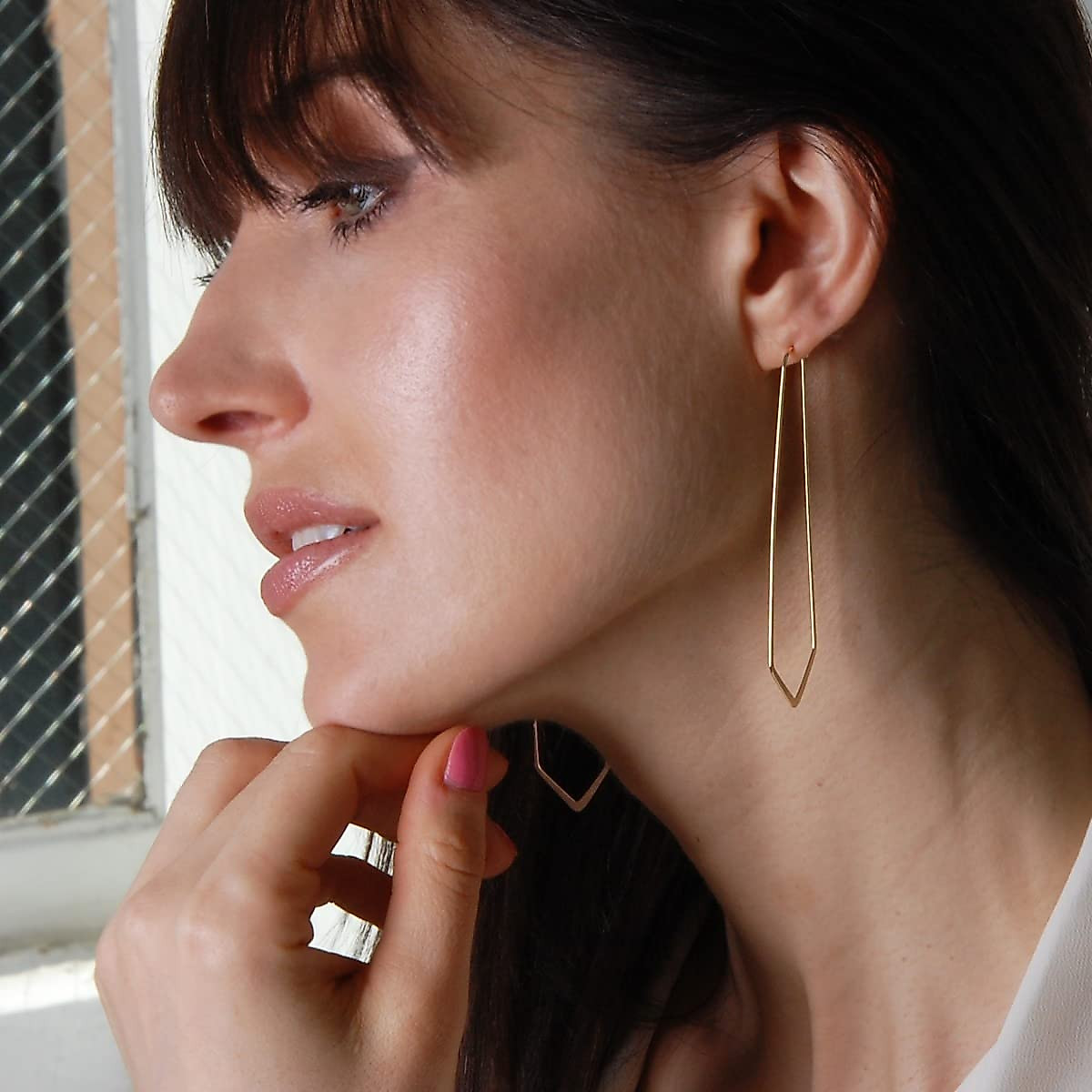 Humble Chic Geometric Chevron Threader Hoop Earrings - Hypoallergenic Lightweight Cutout Thin Wire Drop Dangles, 18K Yellow - 3 inch