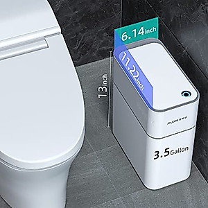 MOPALL Small Bathroom Trash Cans with Lids,Motion Sensor Bathroom Trash Can,Narrow Waterproof Plastic 3.5 Gallon Automatic Adsorption Touchless Garbage Can,White
