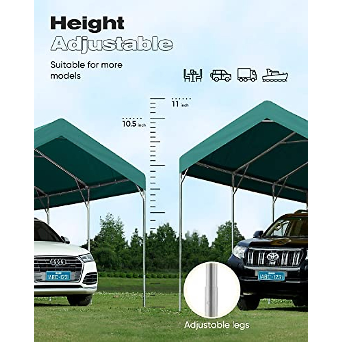 FINFREE 10 x 20 ft Heavy Duty Carport Car Canopy, Garage Shelter for Outdoor Party, Birthday, Garden, Boat, Adjustable Height from 9.5 ft to 11 ft,Green