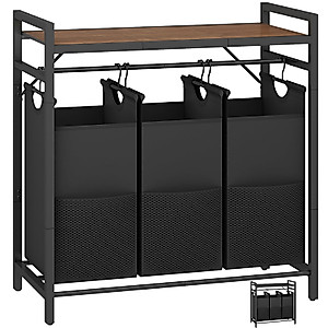 LAATOOREE Tall Laundry Hamper with Top Shelf, Laundry Basket with 3 Removable Laundry Sorter Bags, 3 Compartment Clothes Hamper for Laundry Room, Bedroom