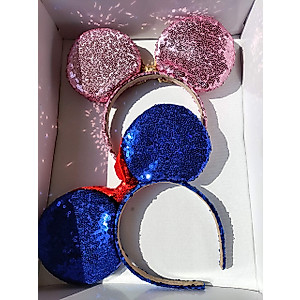 OBUY Mouse Ears Bow Glitter Princess Party Decoration Adult Sparkly Mermaid Headband for Cosplay Costume for Girls & Women(Blue Red)