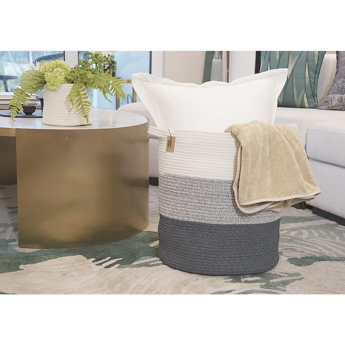 COMFY-HOMI XXL Large Laundry Basket with Handles Blanket Baskets Living Room|Woven Cotton Rope Decorative Basket Laundry Hamper Baby Gift Nursery Dog Toy Storage Organizer Bin-16”x18”-3Tone Grey