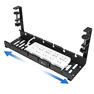 CaSZLUTION Under Desk Cable Management Tray, No Drill Steel Desk Cord Organizer with Clamp Mount, Retractable Wire Management Tray Under Table Cable Rack for Office Home - Black