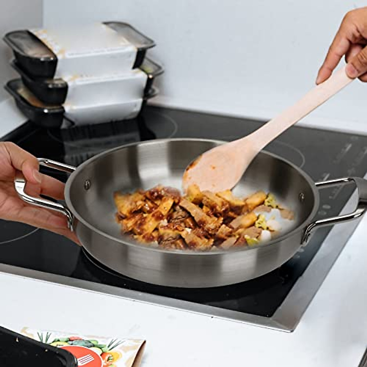 Luxshiny Cast Iron Skillet Stainless Steel Pot, Korean Ramen Pot Seafood Pan Pot with Double Handle for Home Kitchen (24CM) Mixed Rice Pot