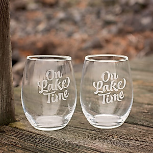 On Lake Time - Lake House Wine Glasses, Lakehouse Decor for the Home, Lake House Gifts, Set of 2