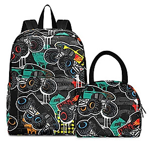 FOLIOSA Cartoon Monster Cars Kids Backpack Lunch Bag Set, Large Capacity Insulated Scratch-Resistant Backpack with Lunch Kit for School Work Suits for 6+ Years Teenager Boys Girls