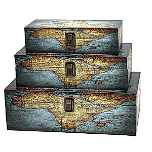 Jolitac Wood Storage Box Set of 3, Vintage Decorative Nesting Boxes Wooden Treasure Storage Crates With Latch, Home Decor Rustic Antique Boxes With Lid for Photos, Jewelry, Cash (Rectangle- Map)