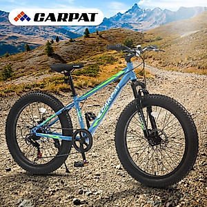 Ecarpat Mountain Bike 24 Inch Wheels, Christmas New Year Gifts 3-Inch Wide Fat Tire Snow Mountain Bikes, 7 Speed for Men Women Bicycles, Steel Frame Disc Brake Front Suspension