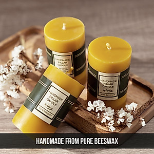 100% Pure Beeswax Pillar Candle Set of 3-21 Hours Lasting Smokeless Pillar Candles with Cotton Wick - Unscented Candle Lover Gift - Dripless Beeswax Pillars