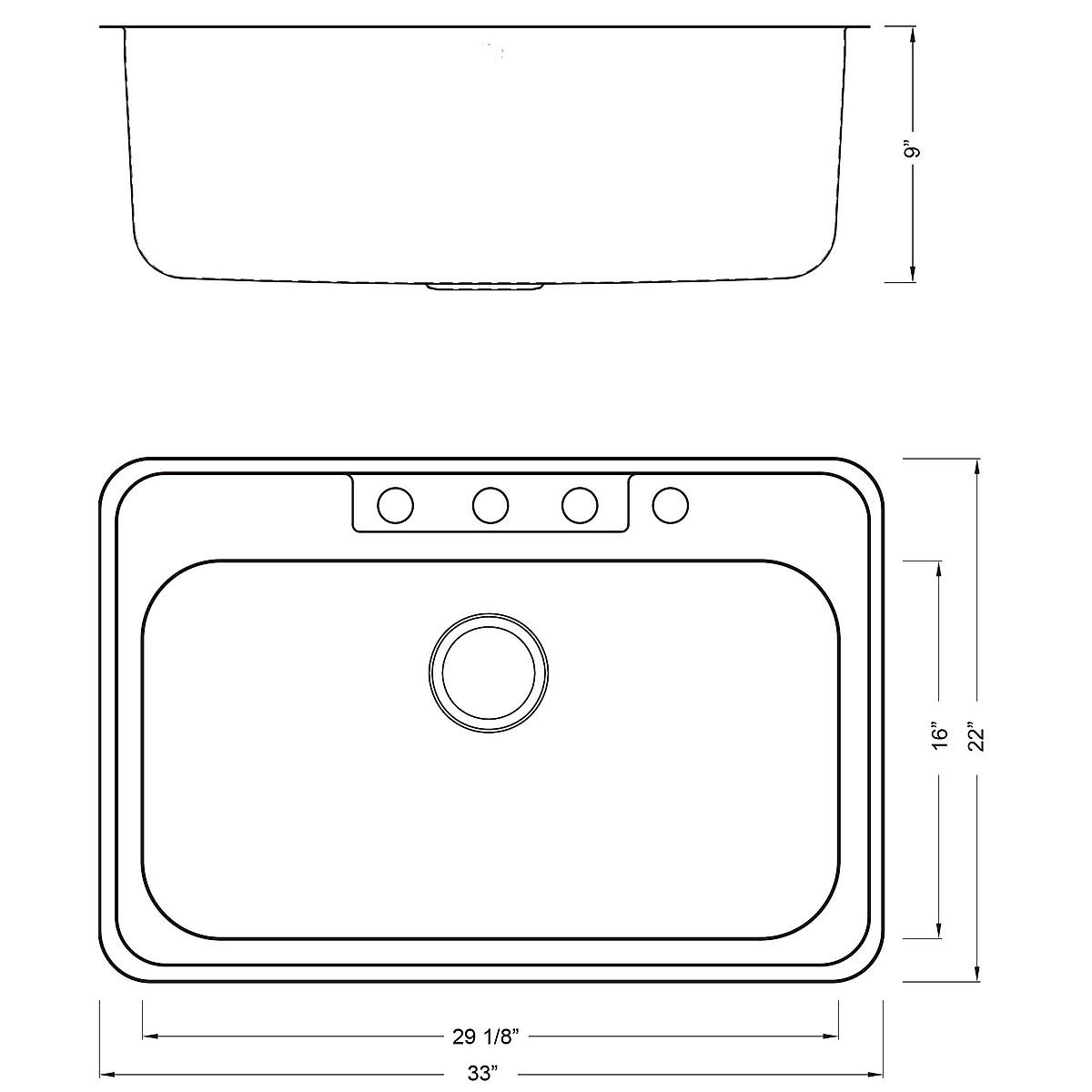 CozyBlock 33 x 22 x 9 Inch Top-mount/Drop-in Stainless Steel Single Bowl Kitchen Sink with Strainer and Cutting Board - 18 Gauge Stainless Steel-4 Faucet Hole