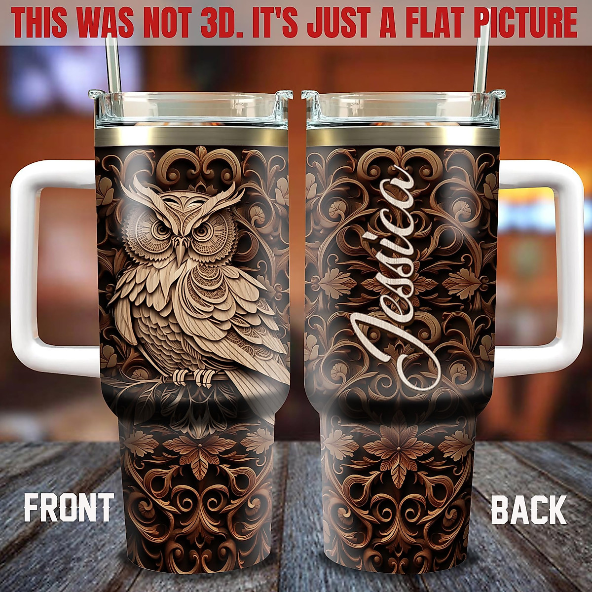 WAZONE Personalized Owl Tumbler Insulated Cup With Lid Wooden Drawings Tumbler 40oz with Handle and Straw Coffee Travel Mug Custom Name Gifts Themed Animal For Men Women Teen Owls Lover