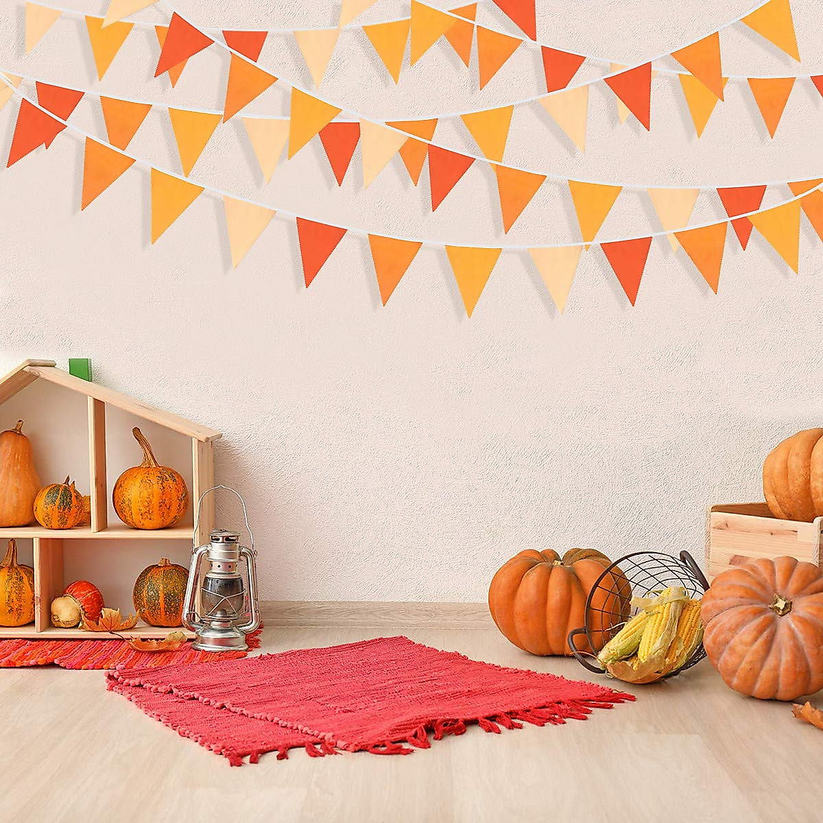 10M/32Ft Triangle Flag Fabric Banner Cotton Pennant Garland Cloth Bunting for Fall Decor Autumn Wedding Birthday Party Thanksgiving Day Home Nursery Outdoor Garden Hanging Decoration (Orange+36Pcs)