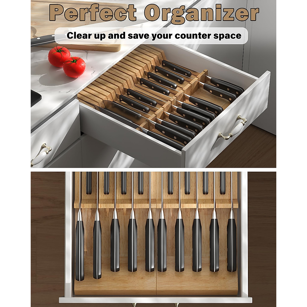 Cook N Home In-Drawer Knife Block Organizer 18-slot, (2pc 9-Slot) Kitchen Knife Cutlery Holder Drawer Storage, Holds up to 18 Knives (Not Included)
