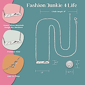 FashionJunkie4Life Ocean Wave Charm - Engraved Bar Necklace, 18" Cable Chain | Birthday Gift for Men and Women