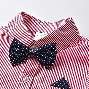 Baby Boys Gentleman Pants Clothing Set Long Sleeves Stripe Shirt+Suspender Pants+Bow Tie Toddler 4Pcs Set (Pink, 4-5T/110)