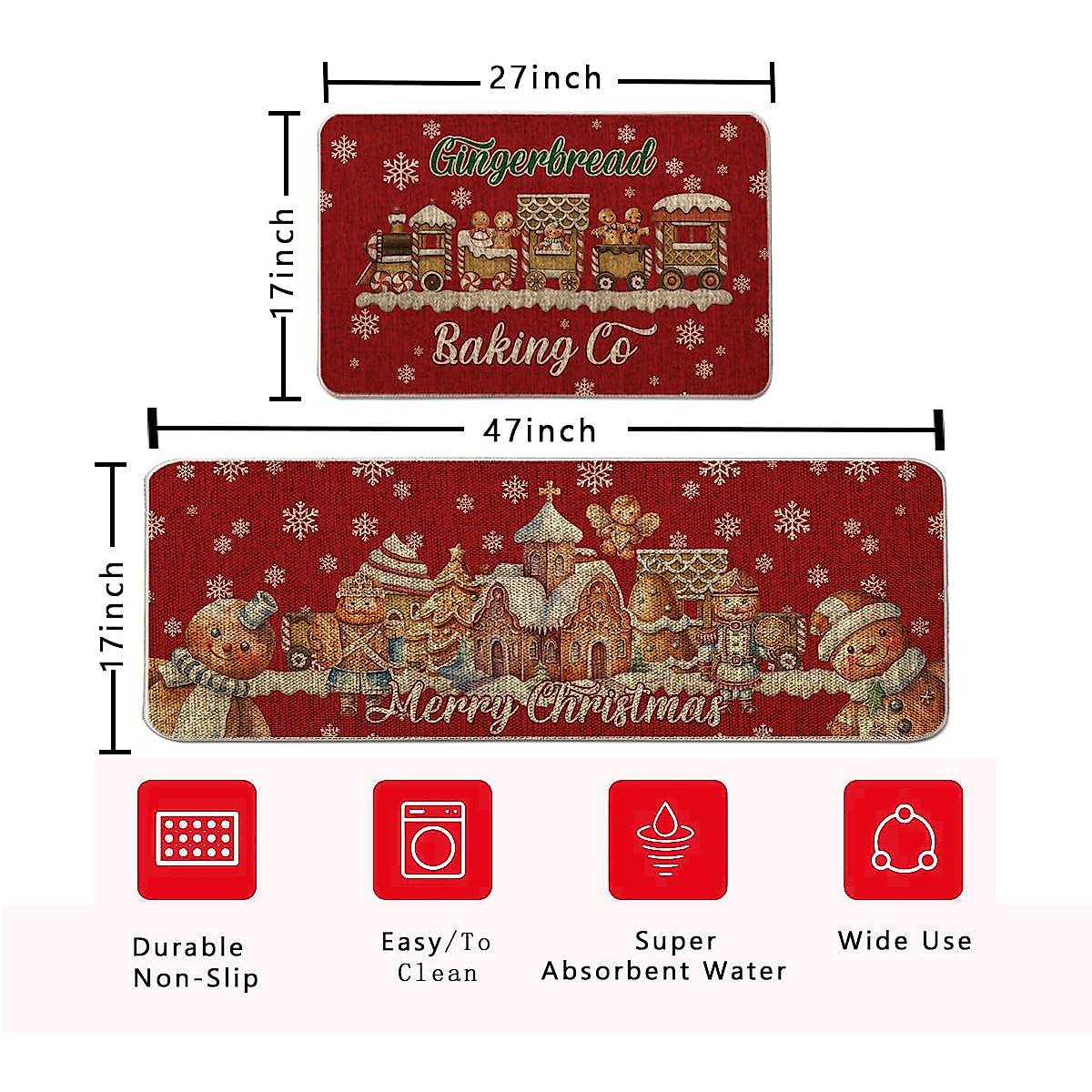 GAGEC Christmas Kitchen Rug Gingerbread Family Red Kitchen Mat Set of 2 Merry Christmas Winter Farmhouse Party Floor Mat for Home Kitchen Bathroom Decorations - 17x27 and 17x47 Inch
