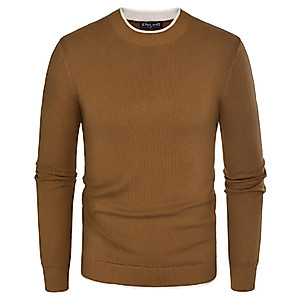 PJ PAUL JONES Mens Casual Crew Neck Sweater Long Sleeve Knitted Sweater Solid Color Wool Knitted Sweater Brown M