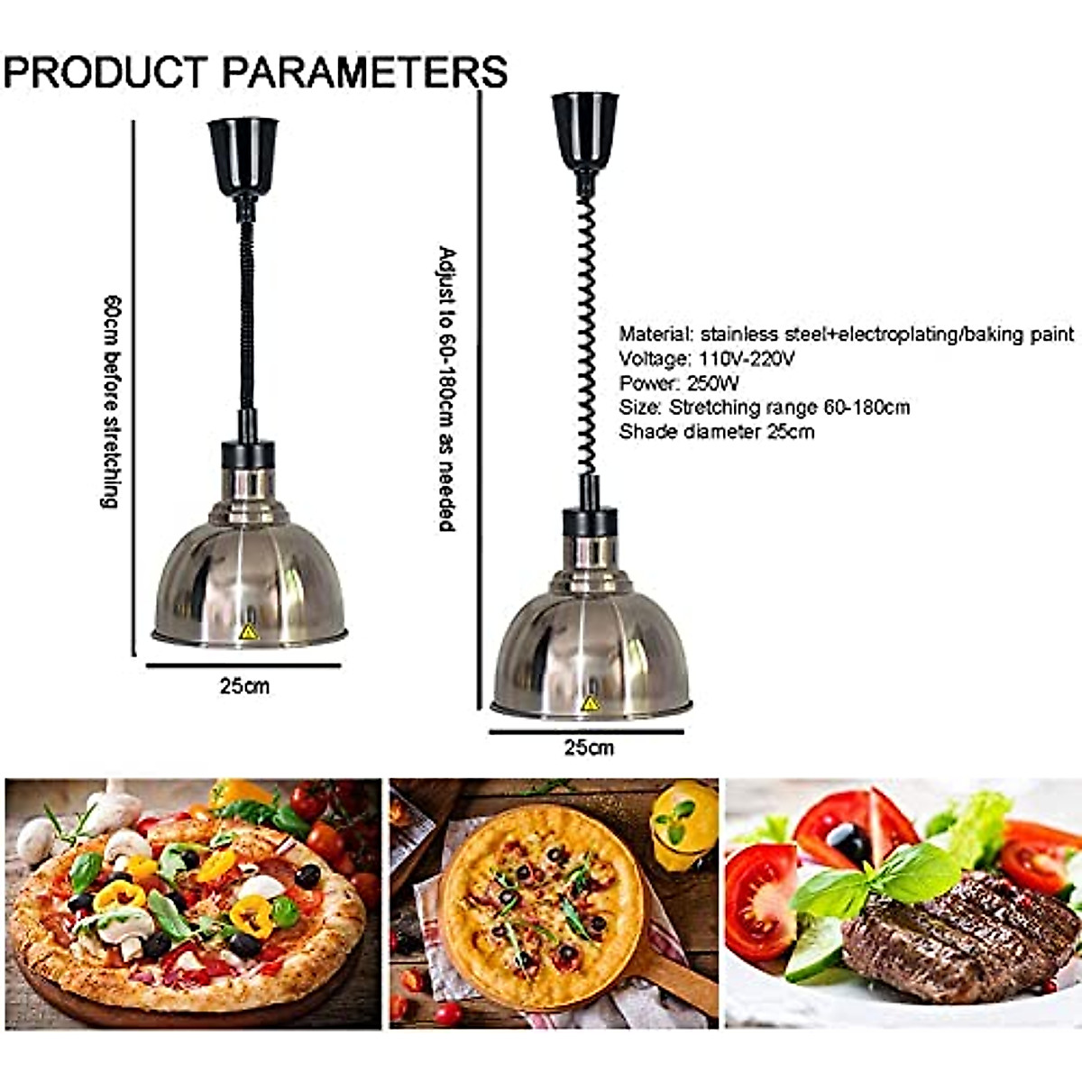 Commercial Heat Lamp Food Warmer Light Food Heat Lamp Warmer, Buffet Heating Light with Infrared Lamp Bulb 250W to Keep Food Warmer, Adjustable Height 60-180cm, Ideal for Kitchen, Restaurant and Cafet