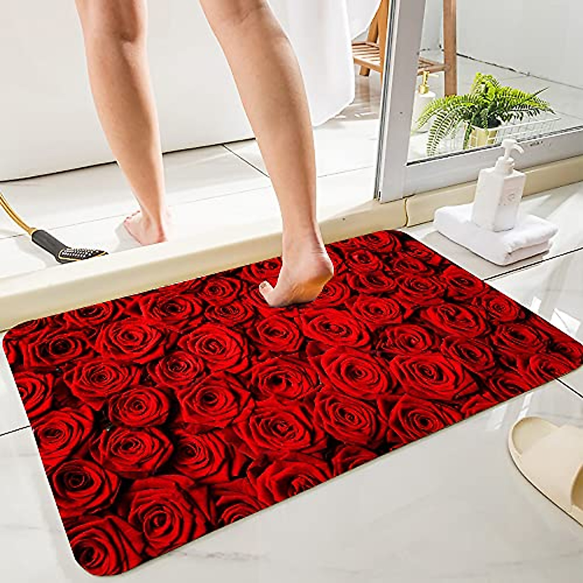 Red Rose Flower Print 17MM Thick Memory Foam Bathroom Carpet and Door Mat Non-Slip Absorbent Super Bath Mats Comfortable Flannel Bathroom Carpet Bed Rug 29 X 17 Inches