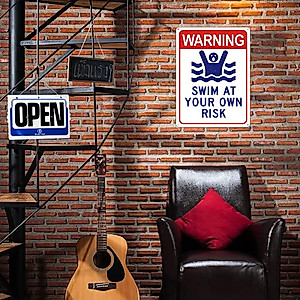 Warning Swim at Your Own Risk Pool Sign, Metal Pool Signs for Outdoor, Swimming Pool, Water Park Safety Tin Sign 12x8inch